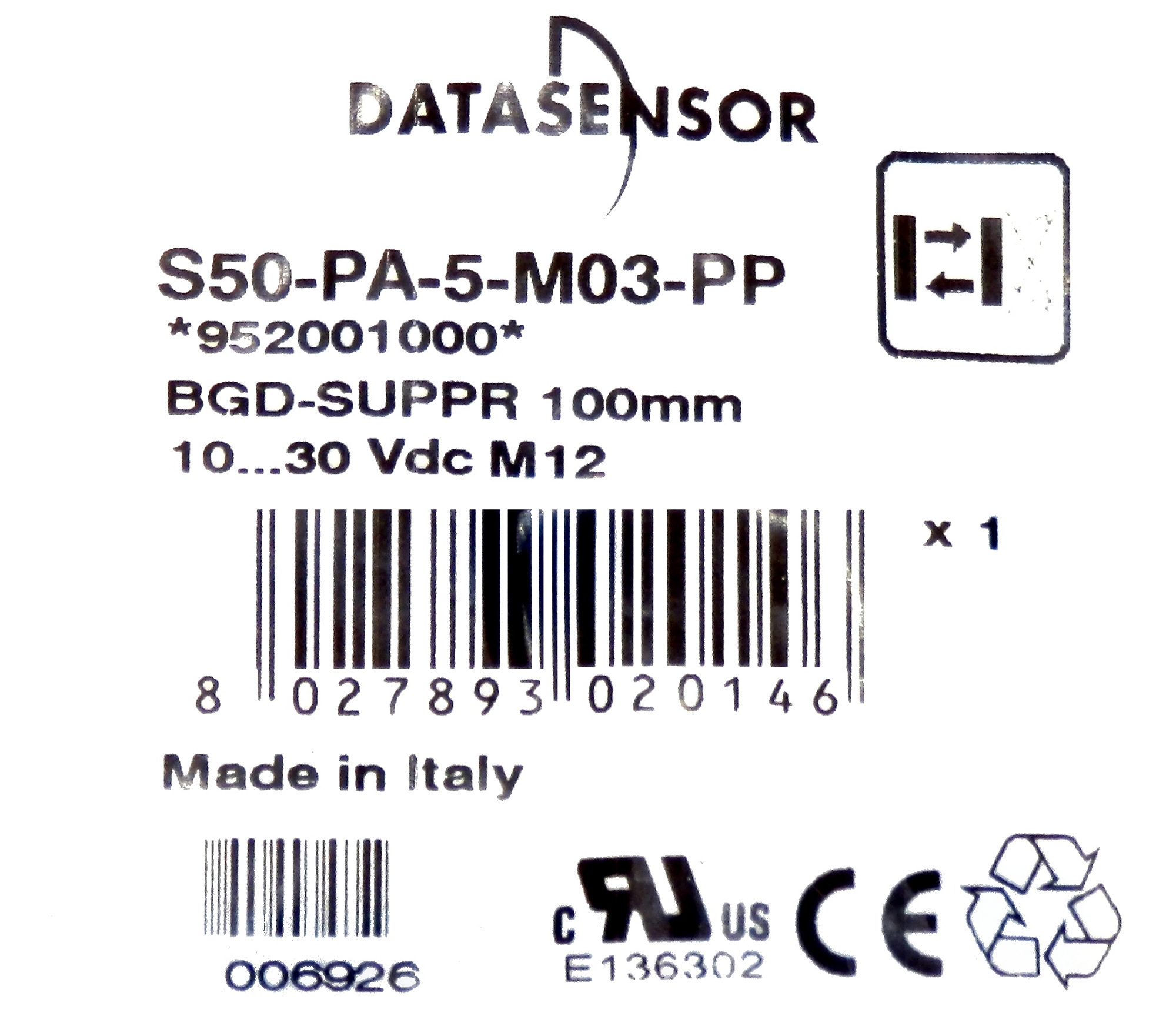 Technical Data - DATASENSOR S50-PA5-M03-PP Background Suppression, NO ...