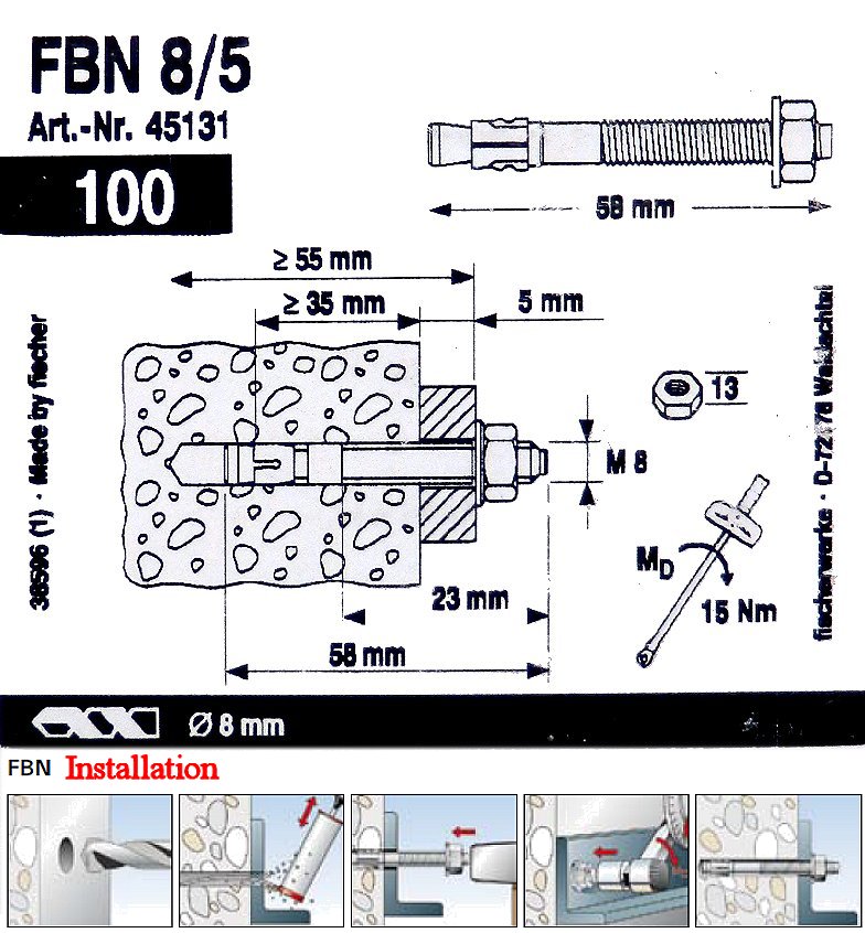 Technical Data - Fischer FBN 8/5 Fixings Box of 100. Art No 45131