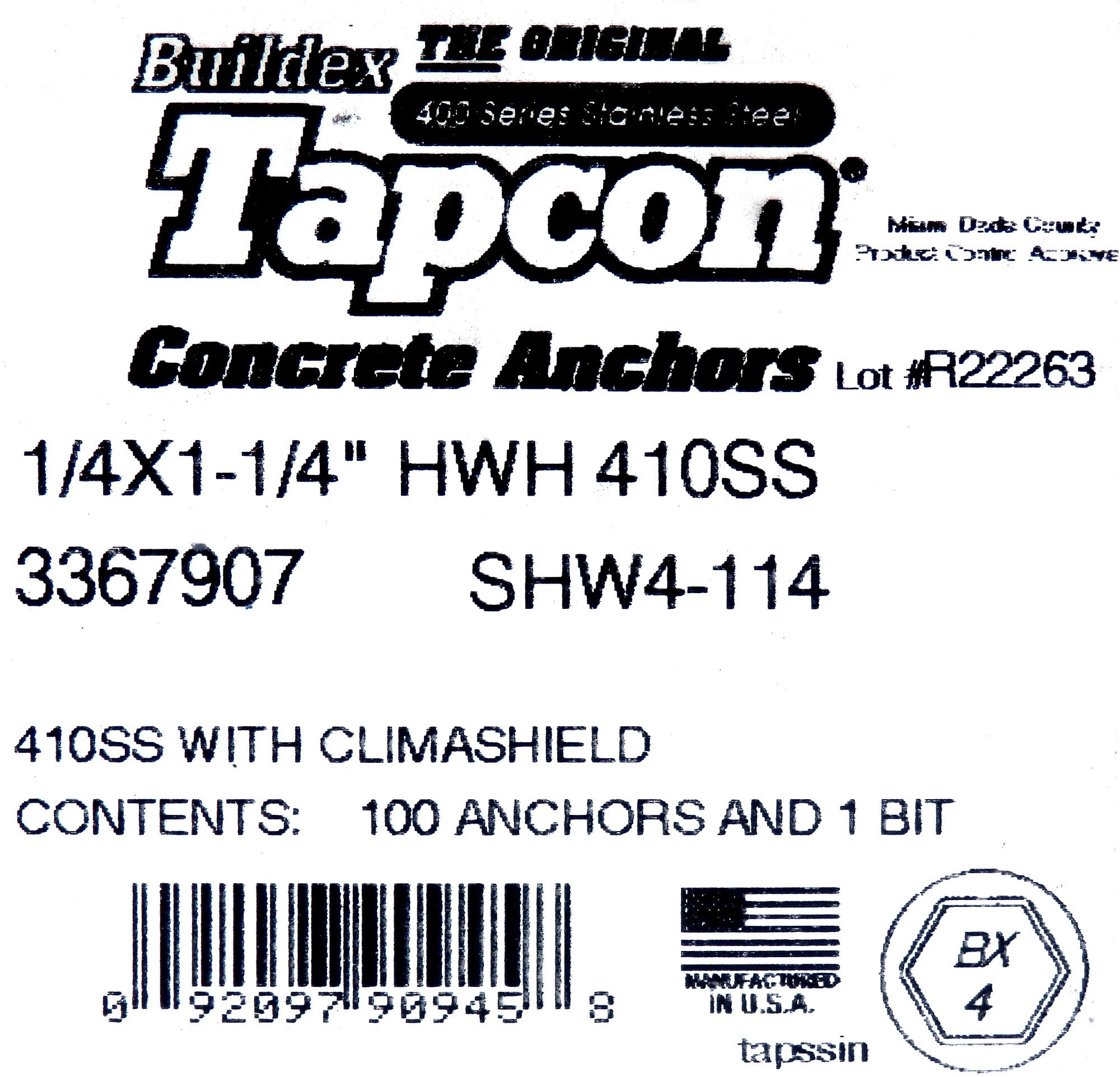 Technical Data - Box of 100 ITW Buildex Spit Stainless Steel Tapcon ...